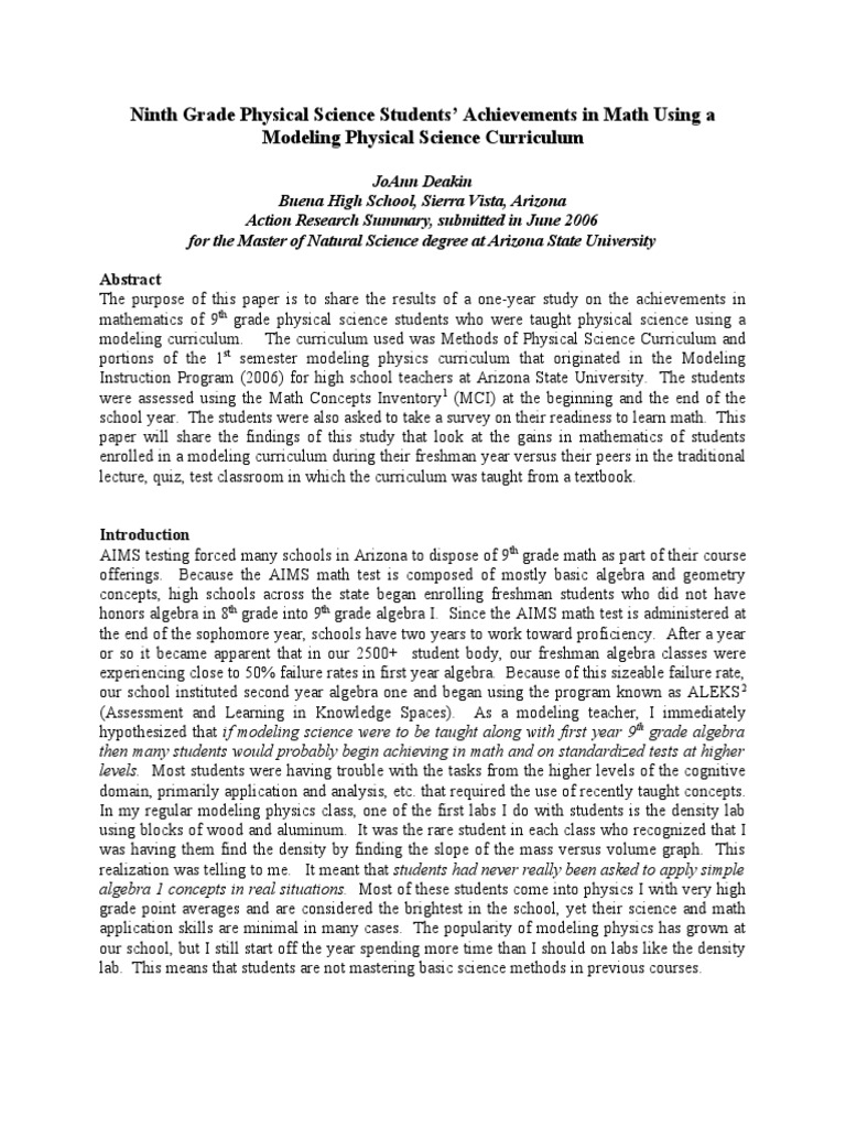 Ninth Grade Physical Science Students' Achievements in Math Using A ...