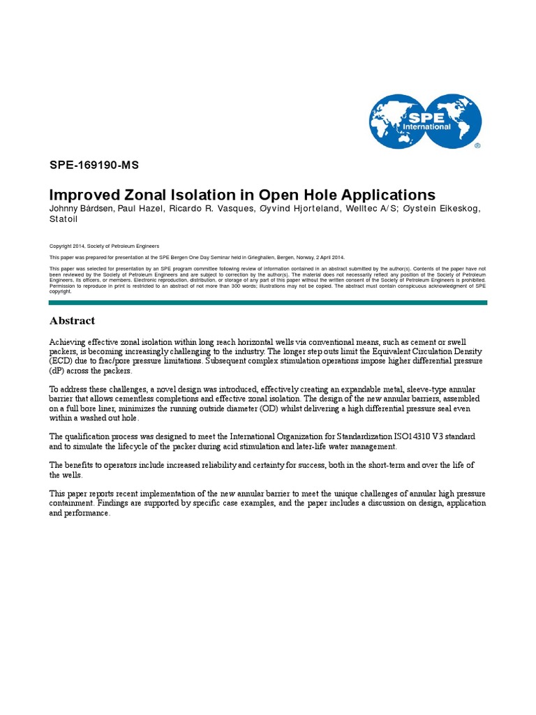 SPE 169190 Improved Zonal Isolation in Open Hole Application | PDF ...