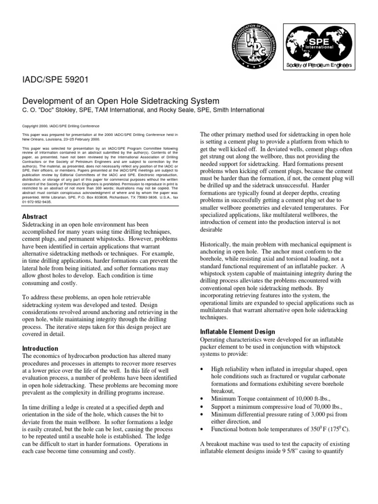 SPE-59201-MS Development of An Open Hole Sidetracking System | PDF | Casing (Borehole) | Borehole