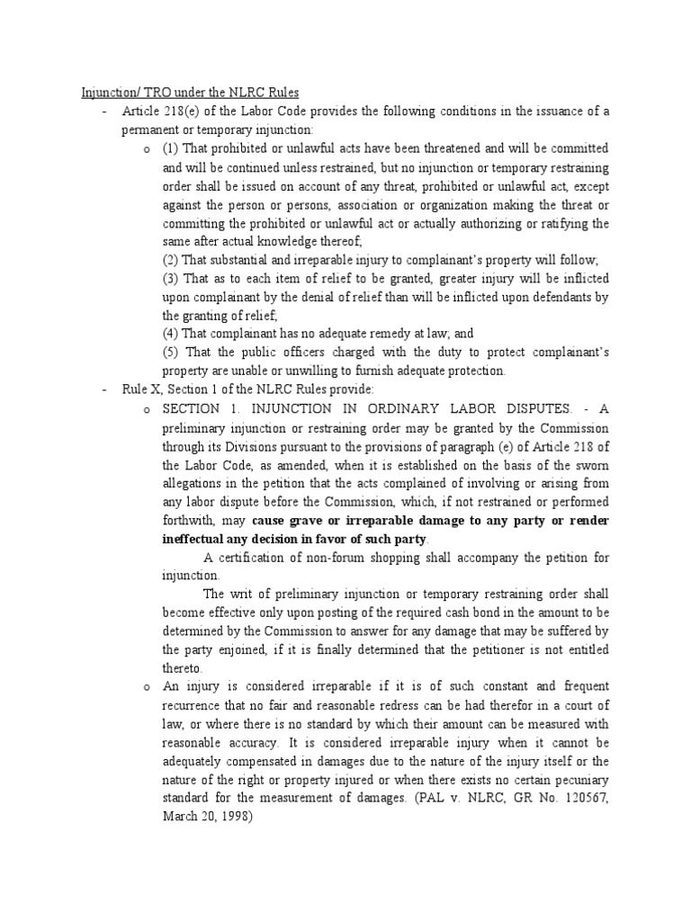 Injunction/TRO Under The NLRC Rules | PDF | Injunction | Common Law