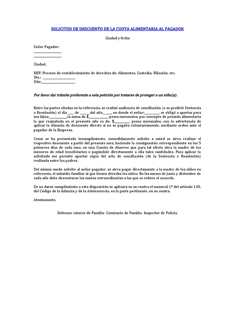 Solicitud de Descuento de La Cuota Alimentaria Al Pagador | PDF