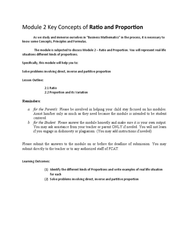Ratio and Proportion in Business Math | PDF | Fraction (Mathematics ...