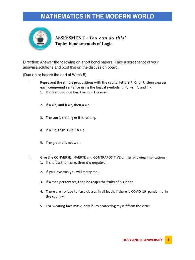 MATHMWORLD MODULE-1 ASSESS Logic-122222 PDF | PDF | Language Arts & Discipline