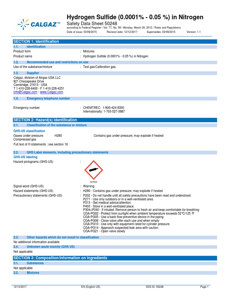 Hydrogen Sulfide (0.0001% - 0.05 %) in Nitrogen: Safety Data Sheet ...