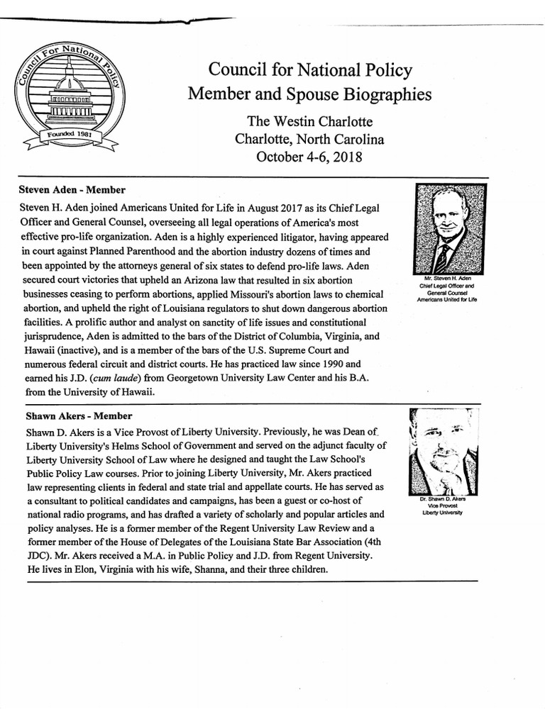 Council For National Policy Member List | PDF
