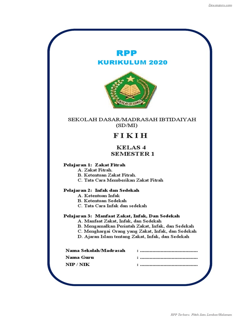 RPP Fikih Satu Halaman Kelas 4 Semester 1 | PDF