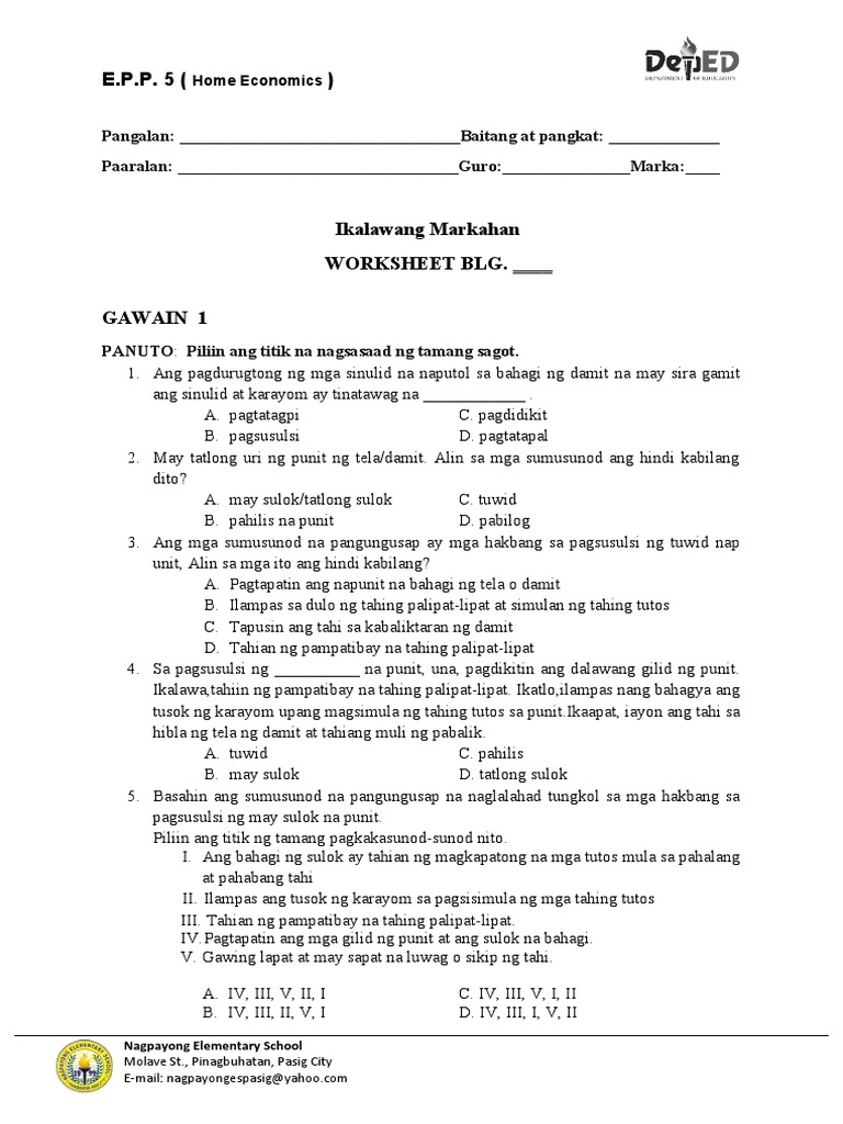 Epp 5 - 2nd QTR - Gawain 1 - Pagsusulsi NG Ibat-Ibang Uri NG Punit | PDF