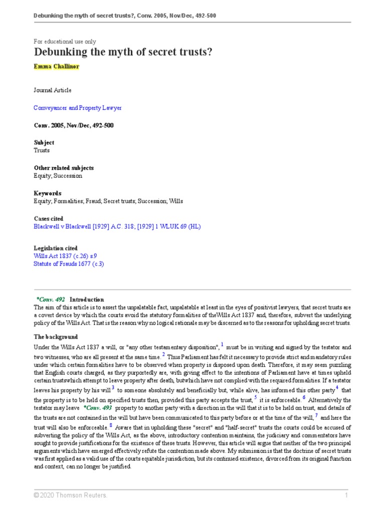 Debunking The Myth of Secret Trusts PDF | PDF | Will And Testament ...