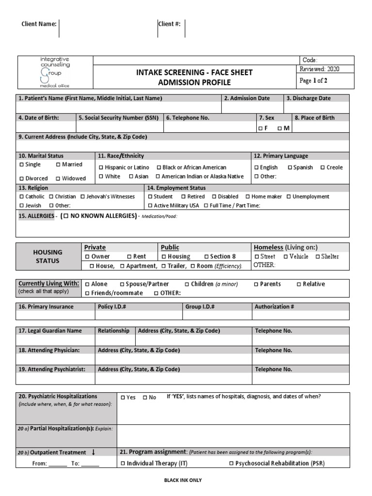 Intake Screening - Face Sheet Admission Profile: Client Name: Client ...