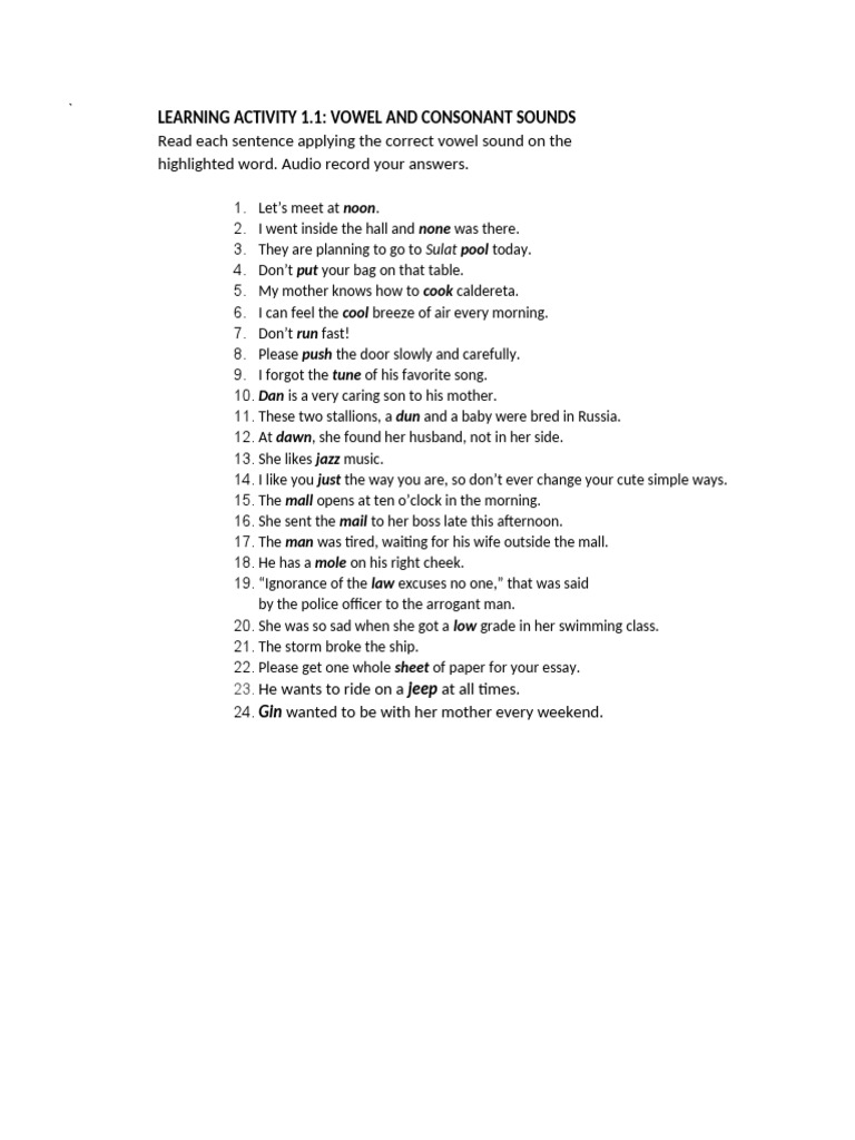 Read Each Sentence Applying The Correct Vowel Sound On The Highlighted ...