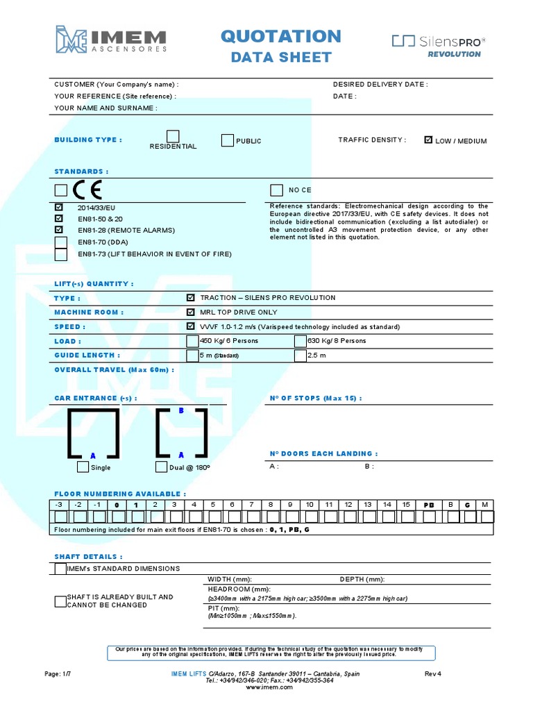 Quotation: Data Sheet | PDF | Elevator | Door