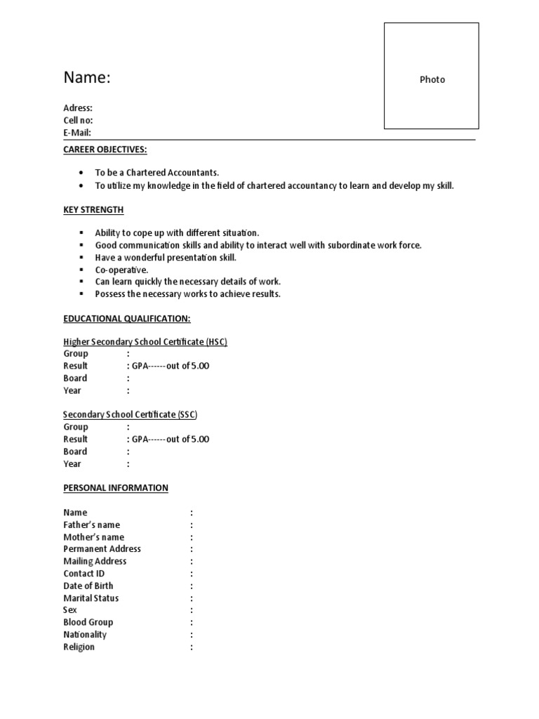 Click Here For CV Format of Ca After hsc1 | PDF