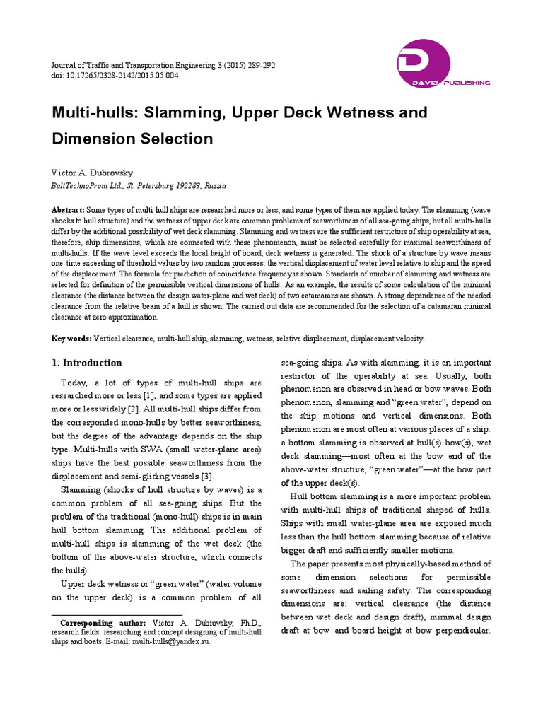 Multihulls Slamming, Upper Deck Wetness and Dimension Selection | PDF ...