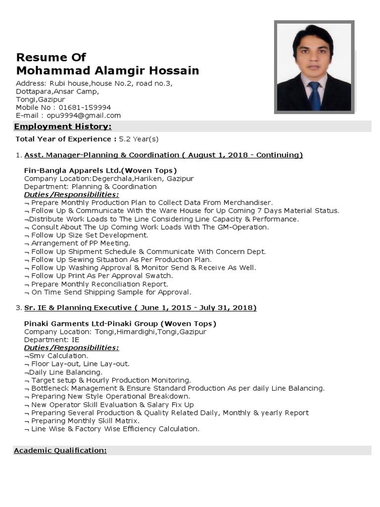 Resume of Mohammad Alamgir Hossain: Employment History | PDF | Business