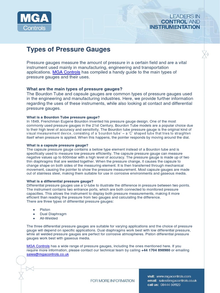 Types of Pressure Gauges PDF | Download Free PDF | Pressure Measurement ...