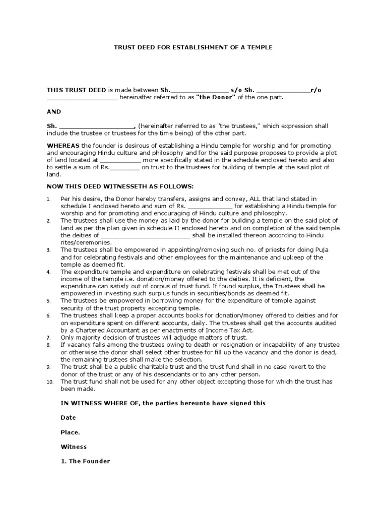Trust Deed For Establishment of A Temple | PDF | Trust Law | Trustee