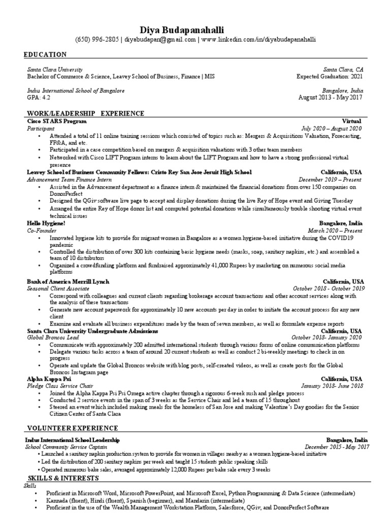 Diya Budapanahalli - Resume 2020 | PDF | Business