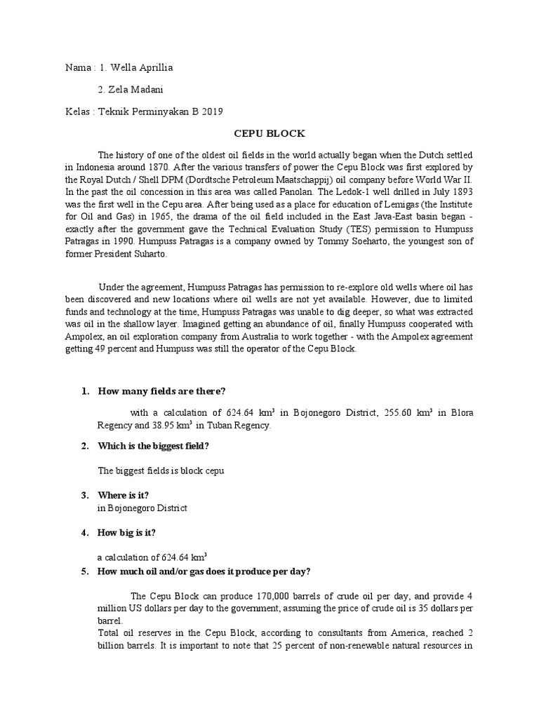 Cepu Block: Nama: 1. Wella Aprillia 2. Zela Madani Kelas: Teknik ...