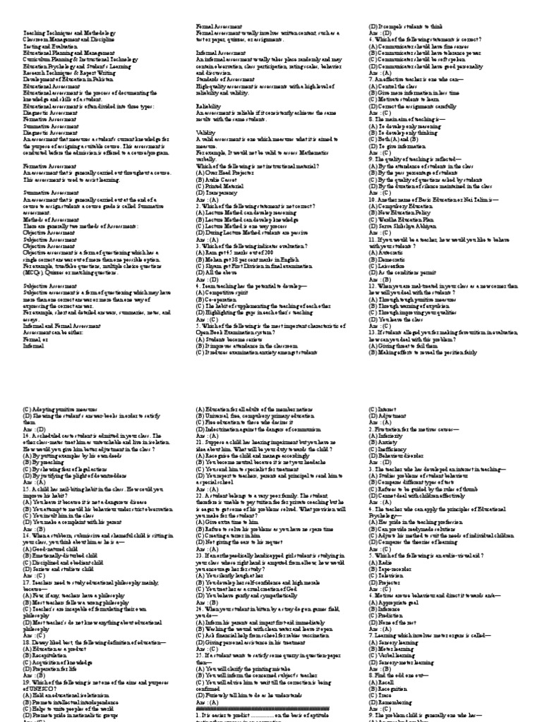 Professional Test Mcqs | PDF | Educational Assessment | Teachers