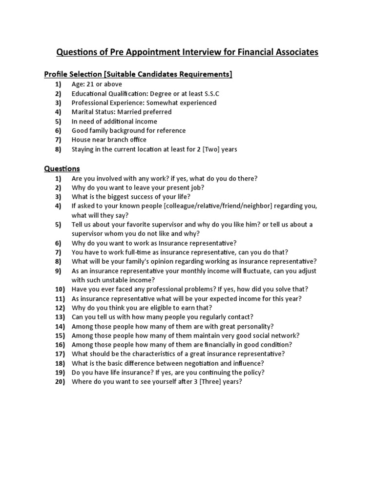 Questions For FA Selection - English | PDF | Career & Growth