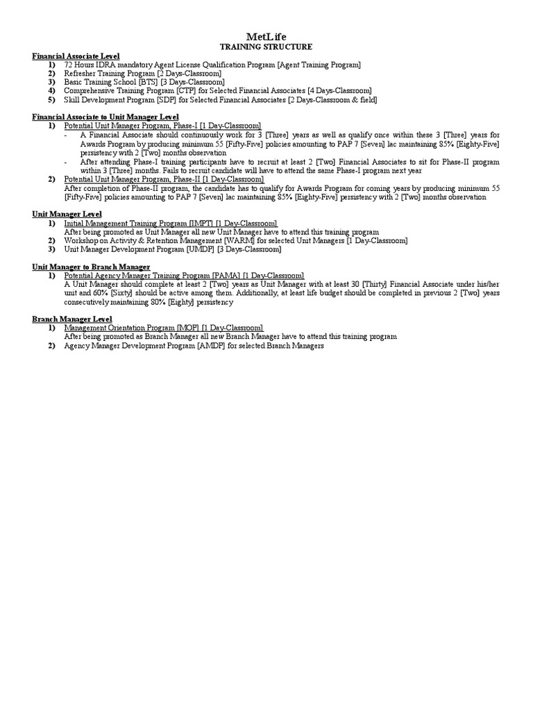 Metlife: Training Structure Financial Associate Level 1) 2) 3) 4) 5 ...