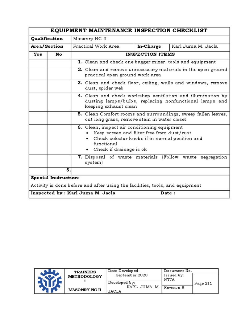 5 EQUIPMENT MAINTENANCE Inspection Checklist | PDF | Technology ...