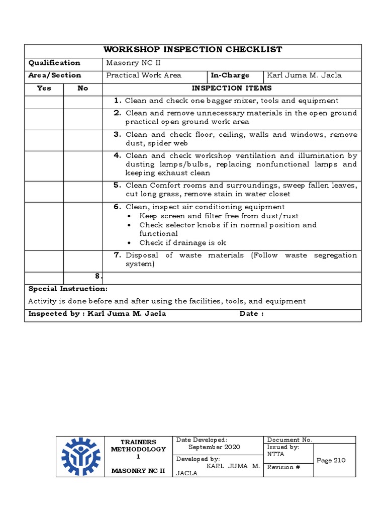Workshop Inspection Checklist: Trainers Methodology 1 Masonry NC Ii | PDF
