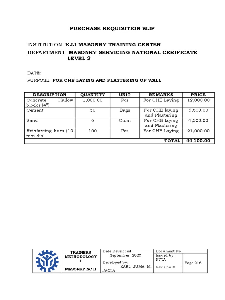 Masonry Purchase Requisition Slip | PDF
