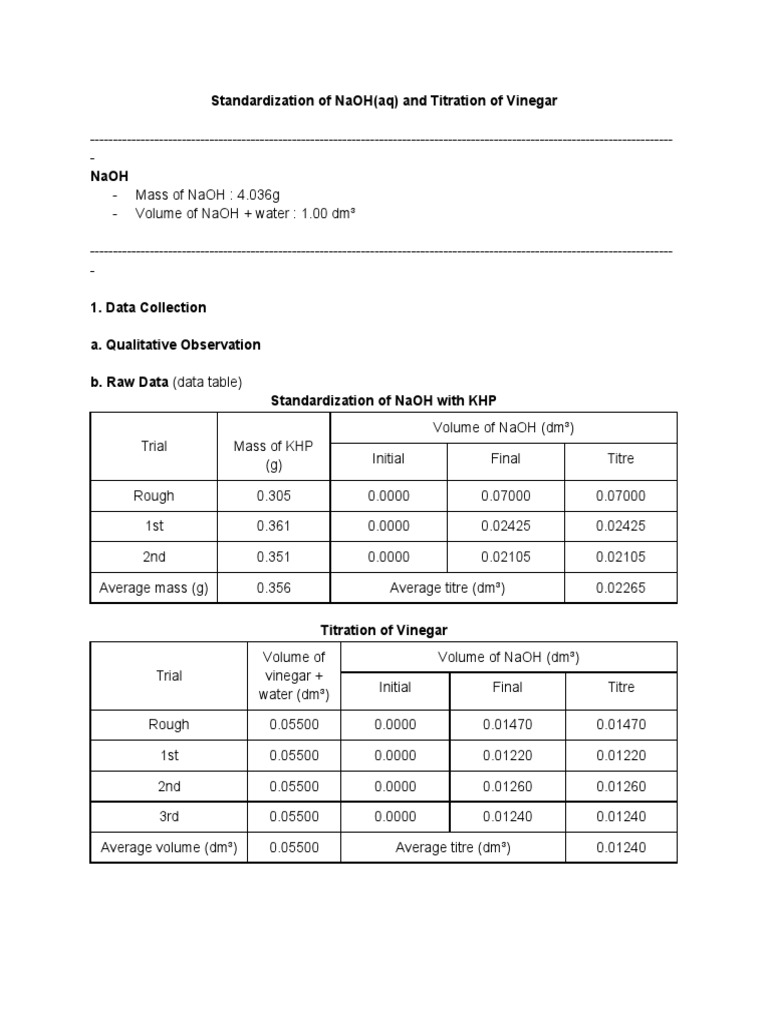Standardisation of Sodium Hydroxide | PDF | Sodium Hydroxide | Mole (Unit)