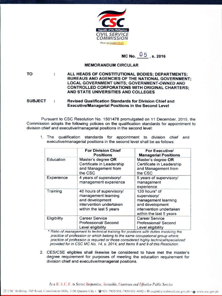 CSC MC No. 5 S. 2016 Revised QS For Div Chief ExecMgr Pos in 2nd Level ...