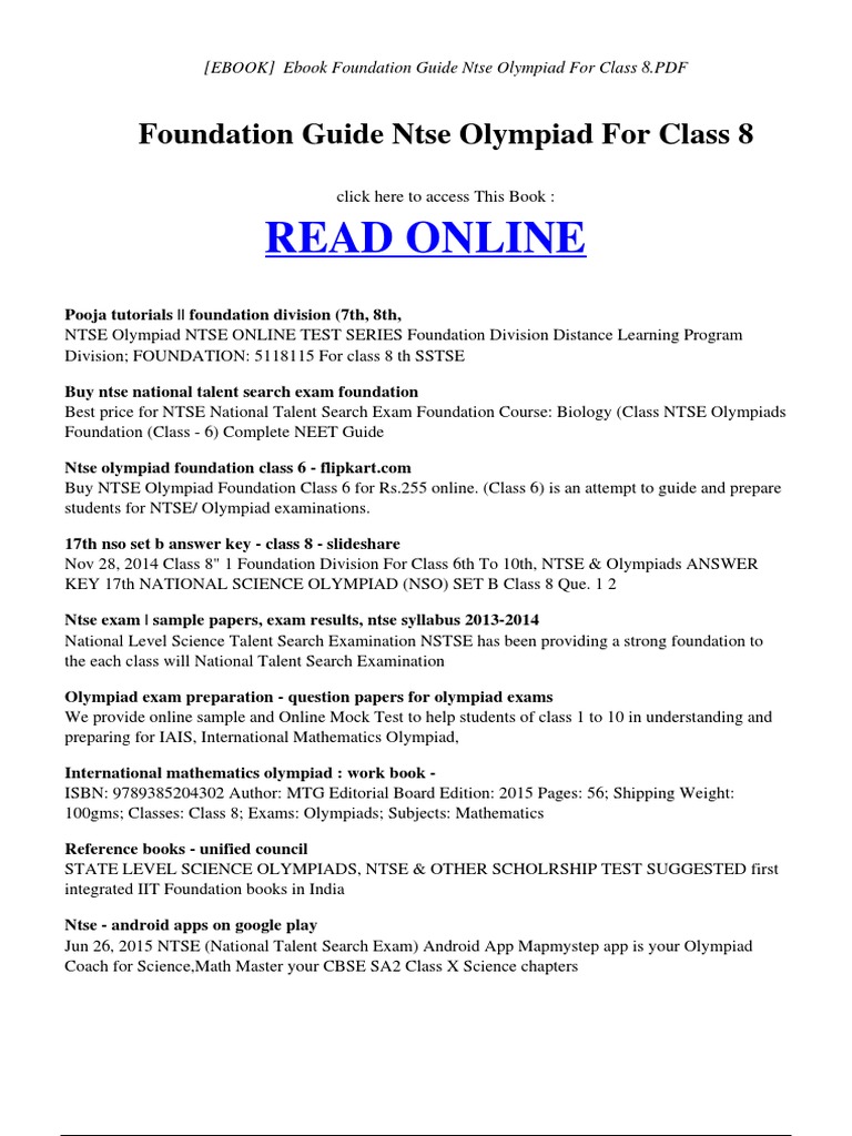 Foundation Guide Ntse Olympiad For Class 8 | PDF | Schools | Qualifications