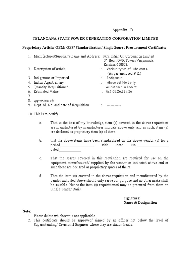 Telangana State Power Generation Corporation Limited Proprietary Article/ OEM/ OES ...