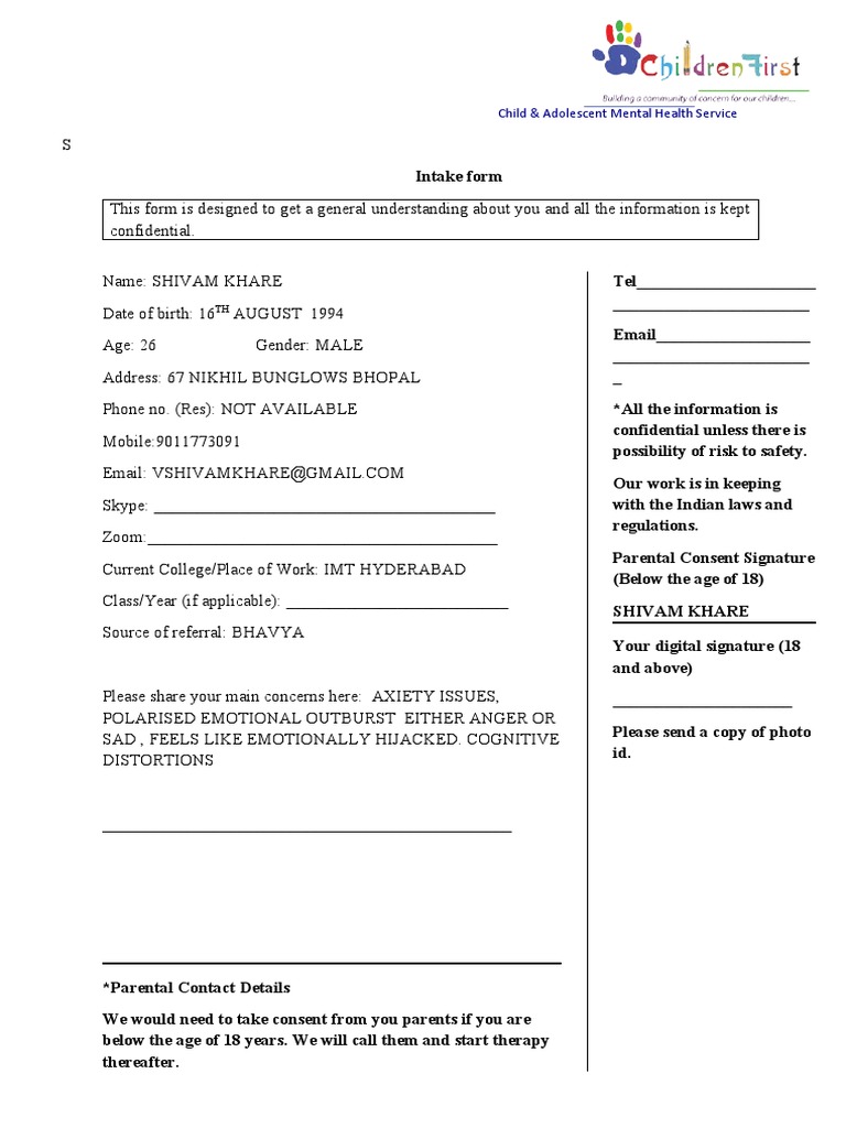 Intake Form | PDF | Mental Health | Clinical Psychology