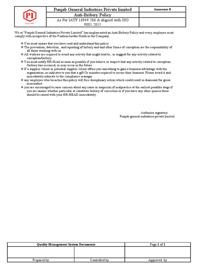 Annexure - 8 - Anti Bribery Policy | PDF