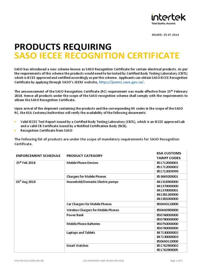 Products Requiring: Saso Iecee Recognition Certificate | PDF | Battery ...