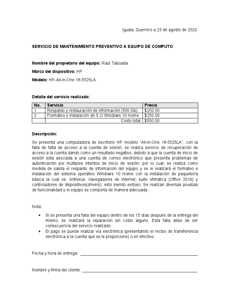 Hoja de Servicio de Equipo de Computo 2 | PDF