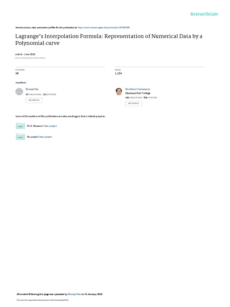 Lagrange's Interpolation Formula: Representation of Numerical Data by A Polynomial Curve | PDF ...