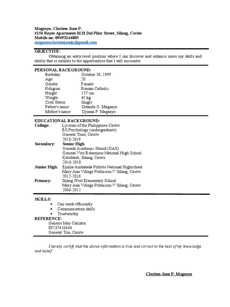 I Hereby Certify That The Above Information Is True and Correct To The ...