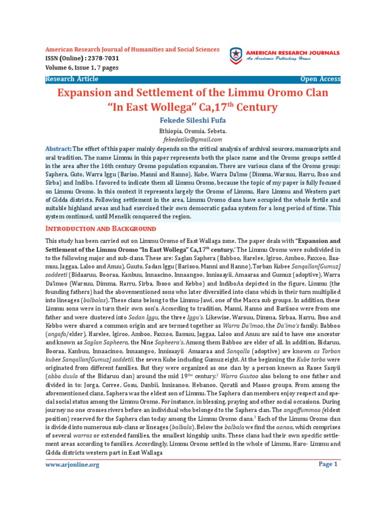 Expansion and Settlement of The Limmu Oromo Clan I | PDF
