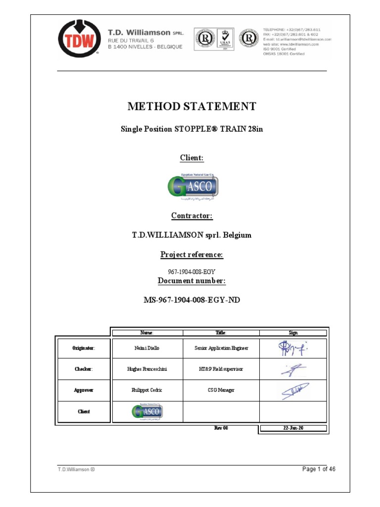 Method Statement: Single Position STOPPLE® TRAIN 28in | PDF | Valve ...