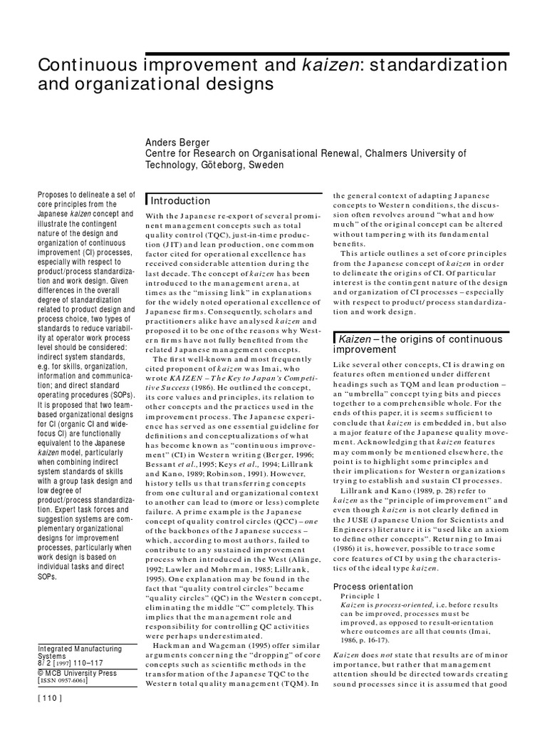 CI and Kaizen - Standardization and Organizational Designs | PDF ...