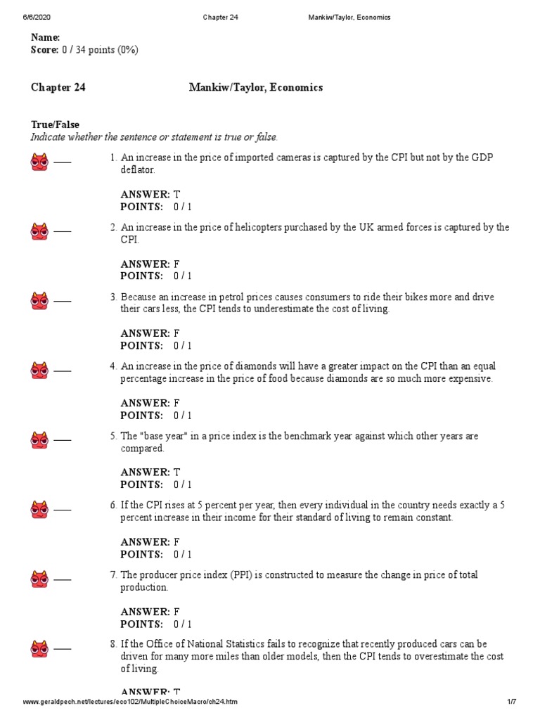 Economics Chapter 24: CPI & Inflation Quiz | PDF | Consumer Price Index ...