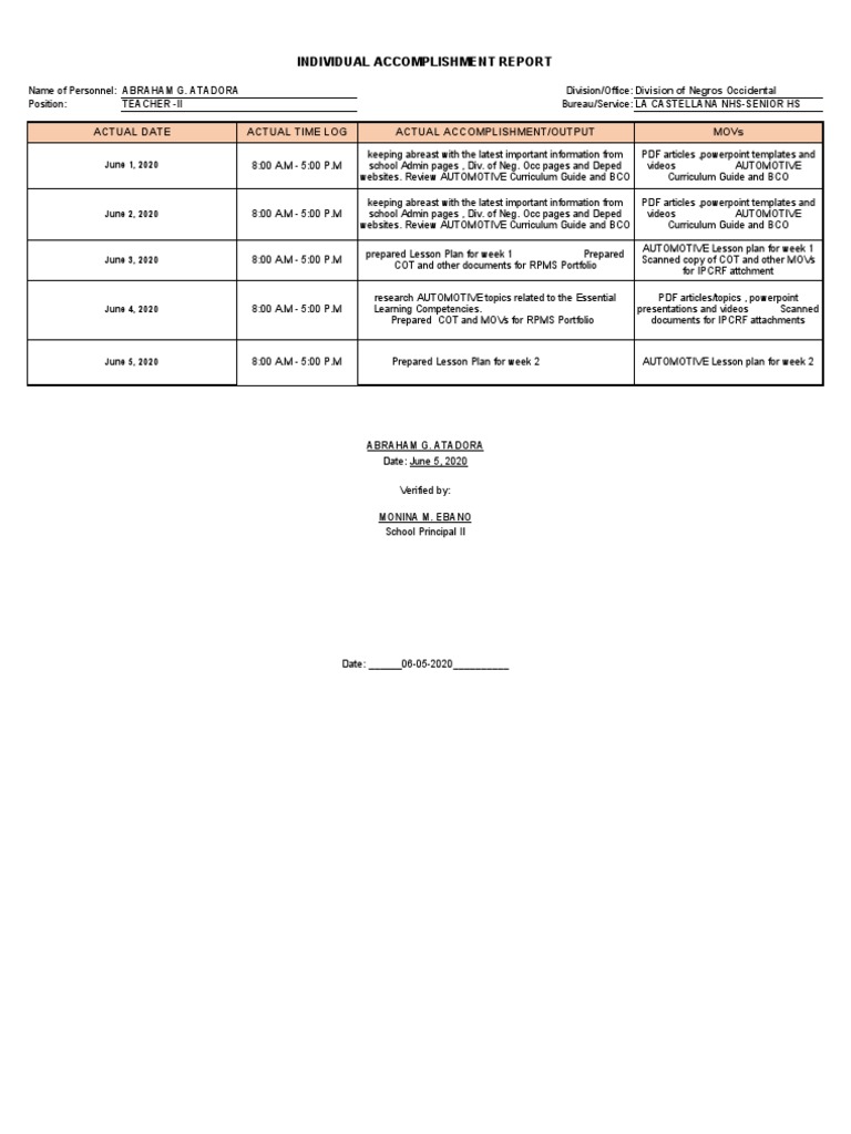 Individual Accomplishment Report: Actual Date Actual Time Log Actual ...