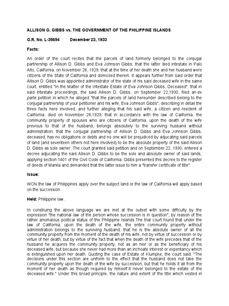 ALLISON G. GIBBS vs. THE GOVERNMENT OF THE PHILIPPINE ISLANDS | PDF ...