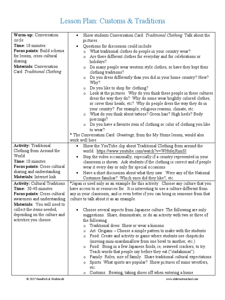 Lesson Plan: Customs & Traditions | PDF | Clothing | Senses