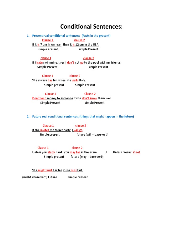 Conditional Sentences:: 1. Present Real Conditional Sentences: (Facts ...