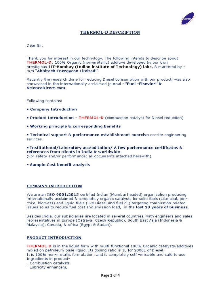Thermol-D Description | PDF | Diesel Engine | Exhaust Gas