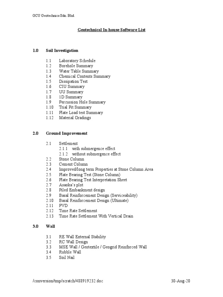 Geotechnical In-House Software List: GCU Geotechnics Sdn. BHD | PDF