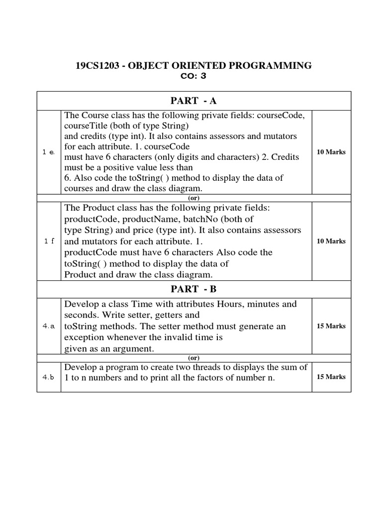 19Cs1203 - Object Oriented Programming: 10 Marks | PDF