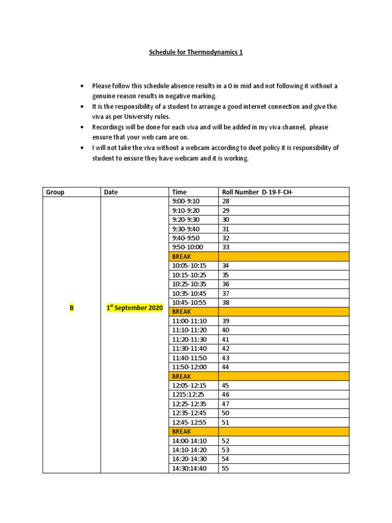Thermodynamics 1 Viva Schedule | PDF | Business